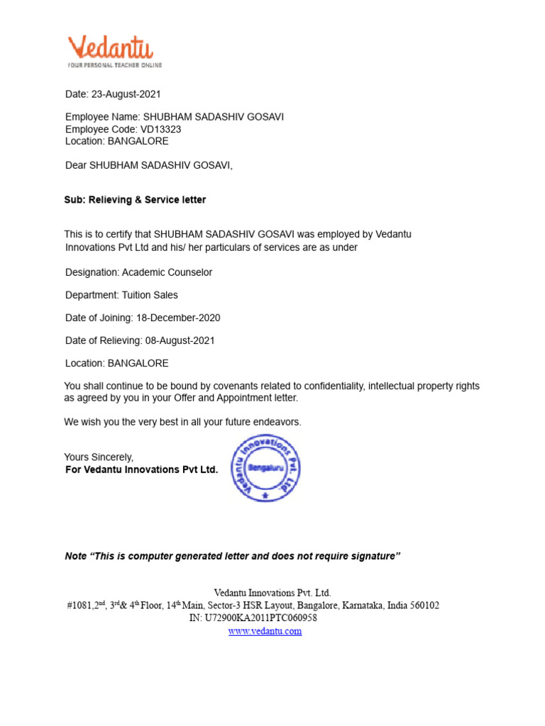 Reliving Letter - SHUBHAM SADASHIV GOSAVI - VD13323 | PDF | Business