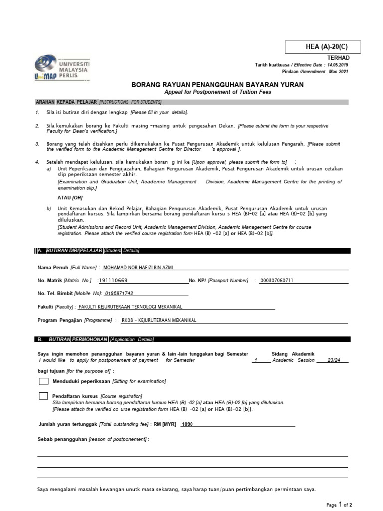 Borang Permohonan Penangguhan Bayaran Yuran | PDF