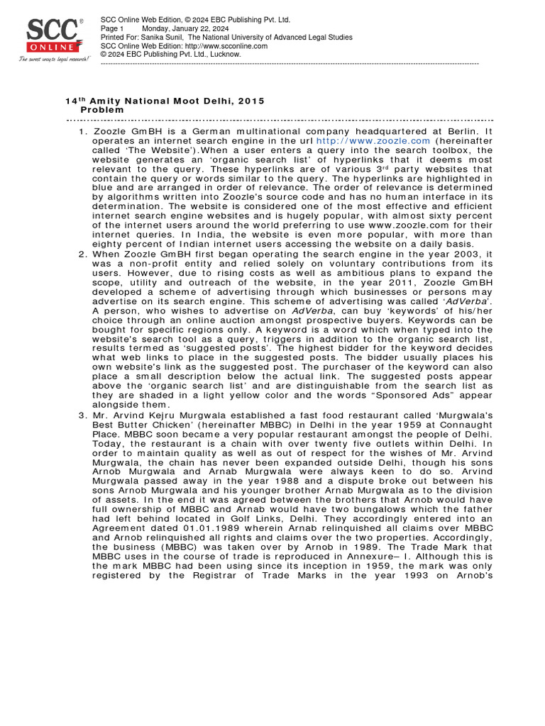 Problem Amity National Moot Delhi 14 2015 Problem | PDF | Trademark | Appeal
