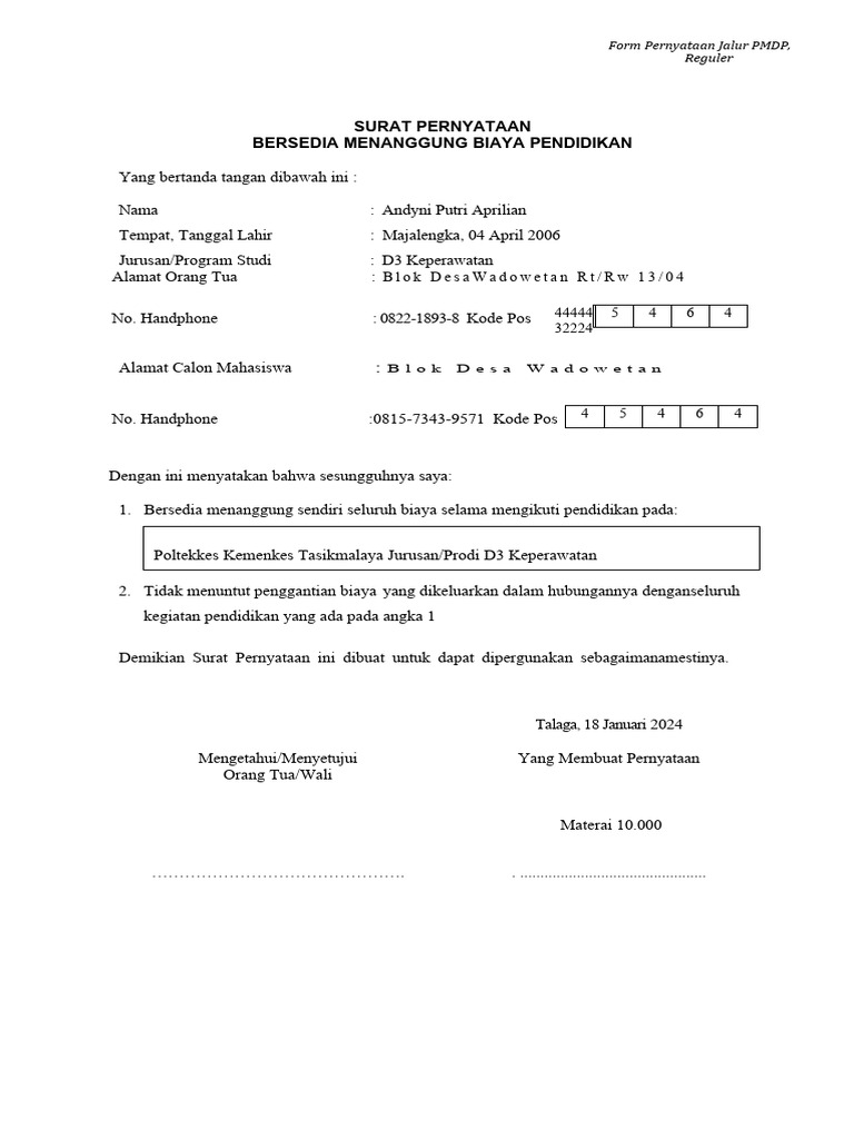 FORMAT SURAT PERNYATAAN PMDP TAHUN 2024 (2) Revisi ANDYNI | PDF