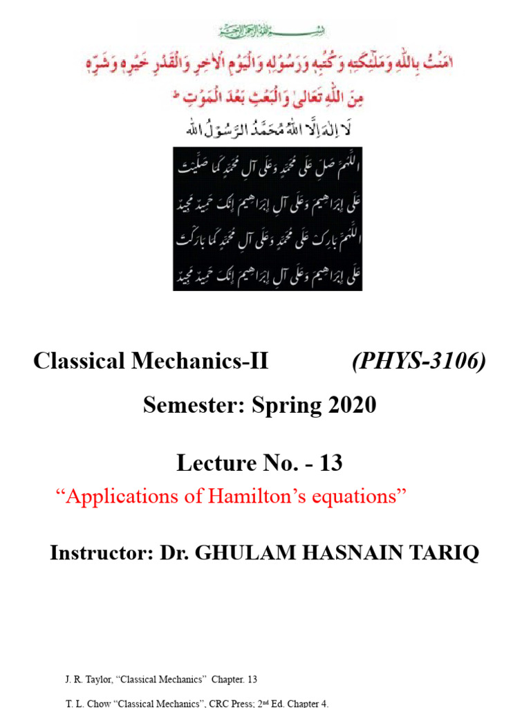 Lecture No. 13 - Applications of Hamilton's Equation | PDF ...