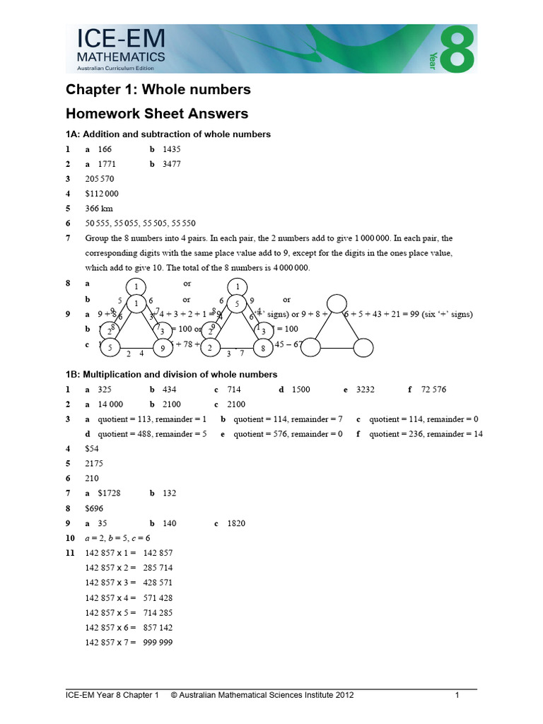 ICE-EM Year 8 Homework Chapter 1 Solutions | PDF