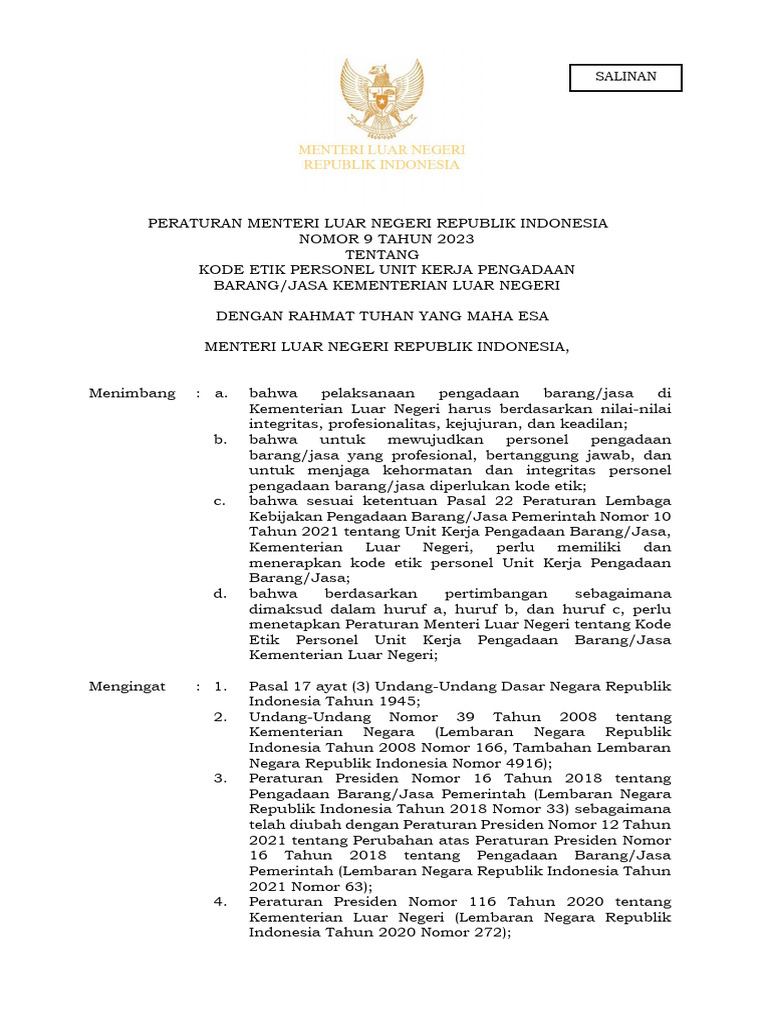 Kode Etik Pengadaan Kementerian Luar Negeri | PDF | Pengelolaan ...