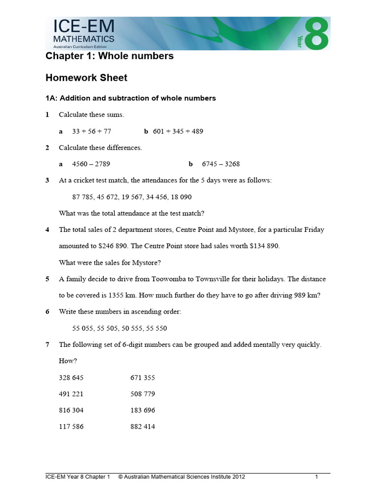 Ice Em Year 8 Homework Chapter 1a Pdf Elementary Mathematics