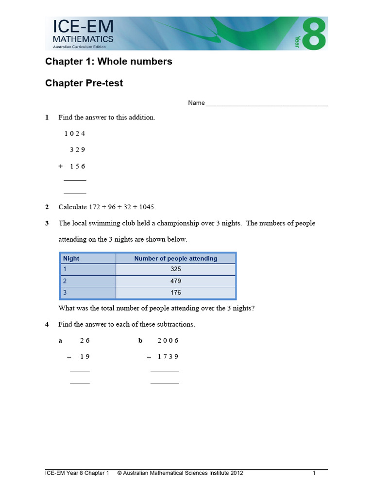 ICE-EM Year 8 Chapter 1 Pre-Test | PDF