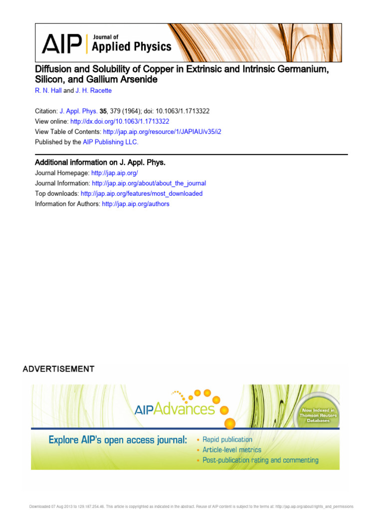 Diffusion and Solubility of Copper in Extrinsic and Intrinsic Germanium ...