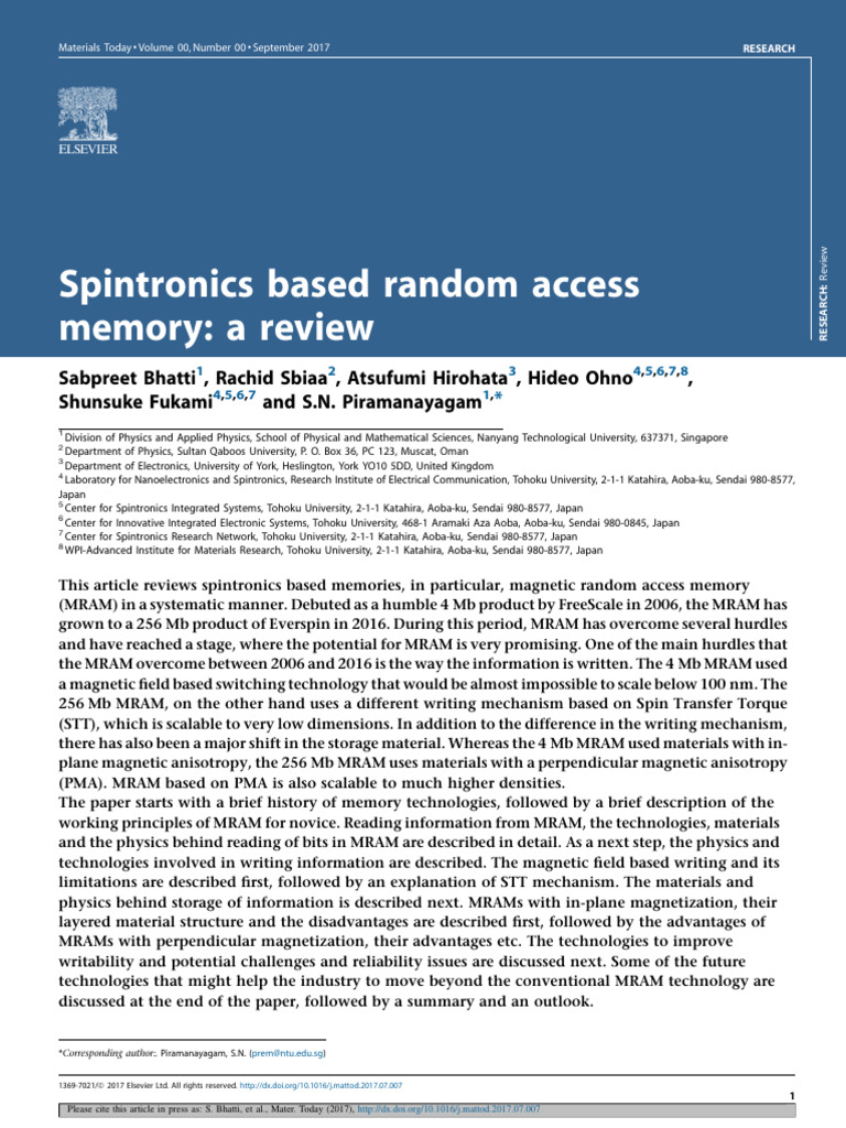 Spintronics Based Random Access Memory: A Review | PDF | Computer Memory | Materials