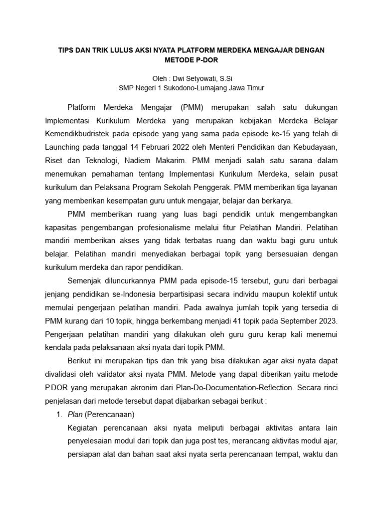 Tips Aksi Nyata PMM Metode P-DOR | PDF