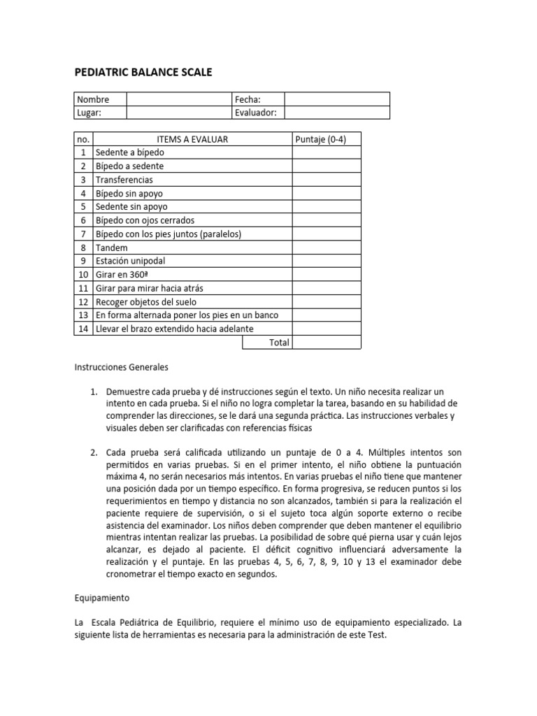Traducción Pbs Pediatric Balance Scale | PDF