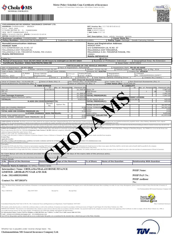 Chola Mandalam Policy | PDF | Insurance | Economies