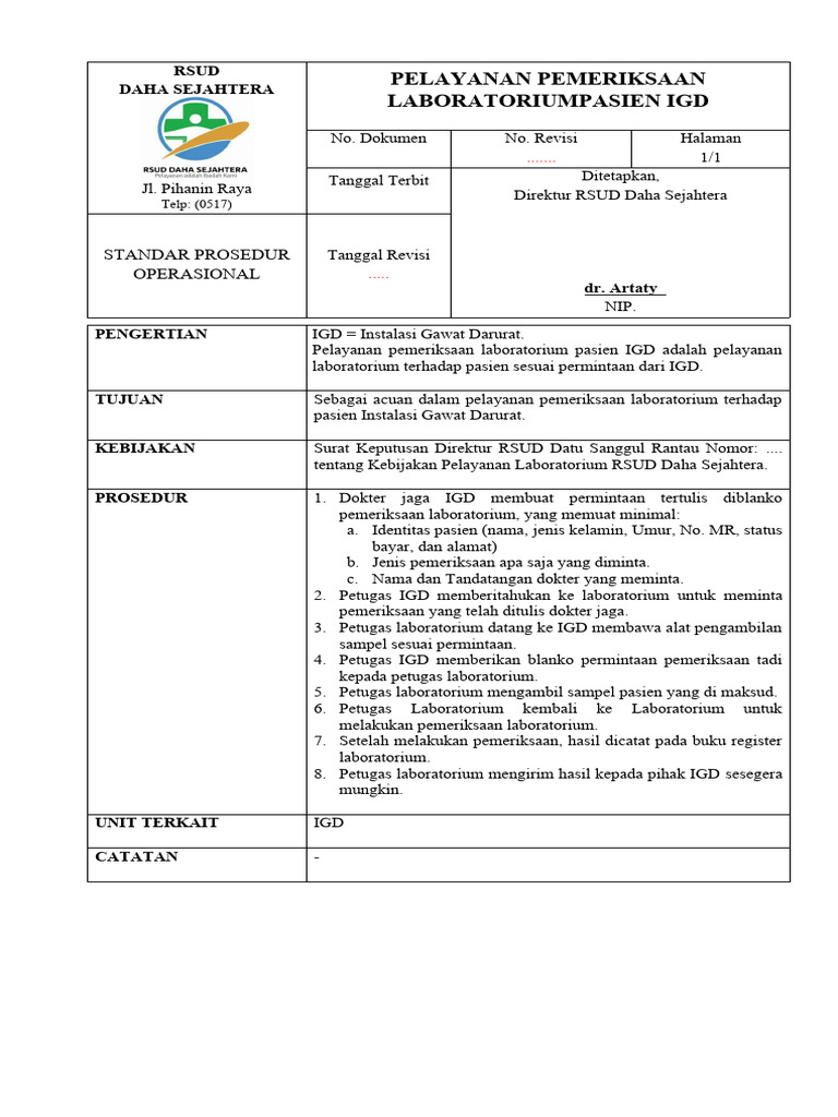 Sop Pelayanan Pemeriksaan Laboratorium Pasien Igd | PDF