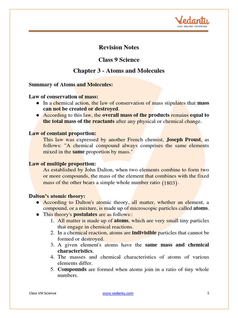 Atoms and Molecules Class 9 Notes CBSE Science Chapter 3 (PDF ...