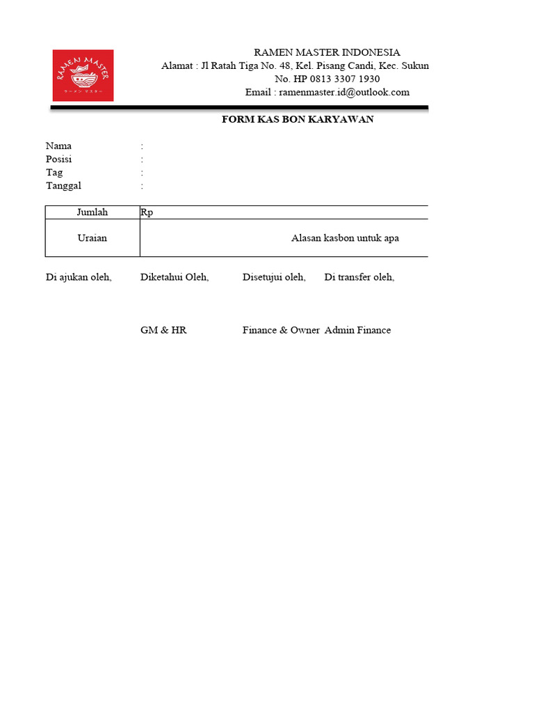 Form Kas Bon Karyawan Ramen Master | PDF