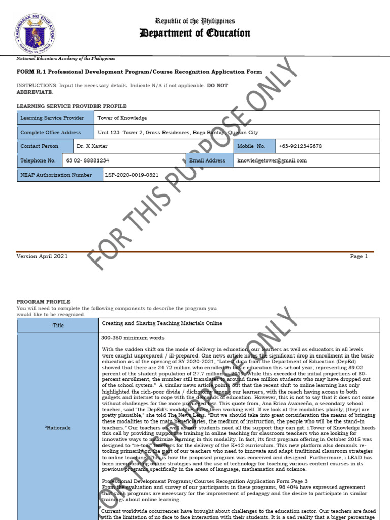 FORM R.1 Tower of Knowledge Proposal | PDF | Teachers | Educational ...