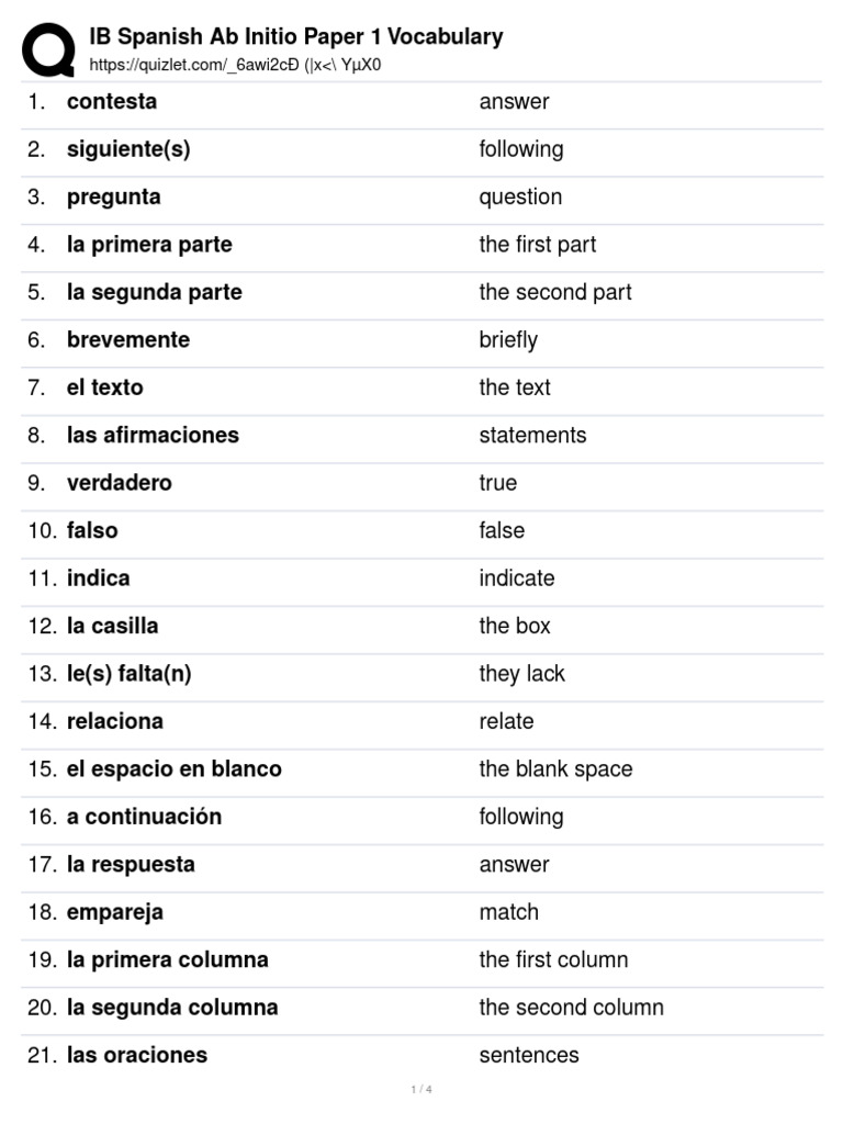 IB Spanish Ab Initio Paper 1 Vocabulary | PDF