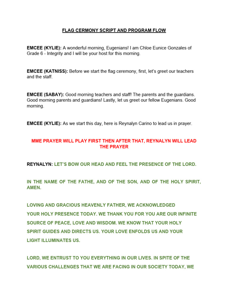 SCRIPT GRADE 5 FLAG CEREMONY | PDF | Prayer | God The Father