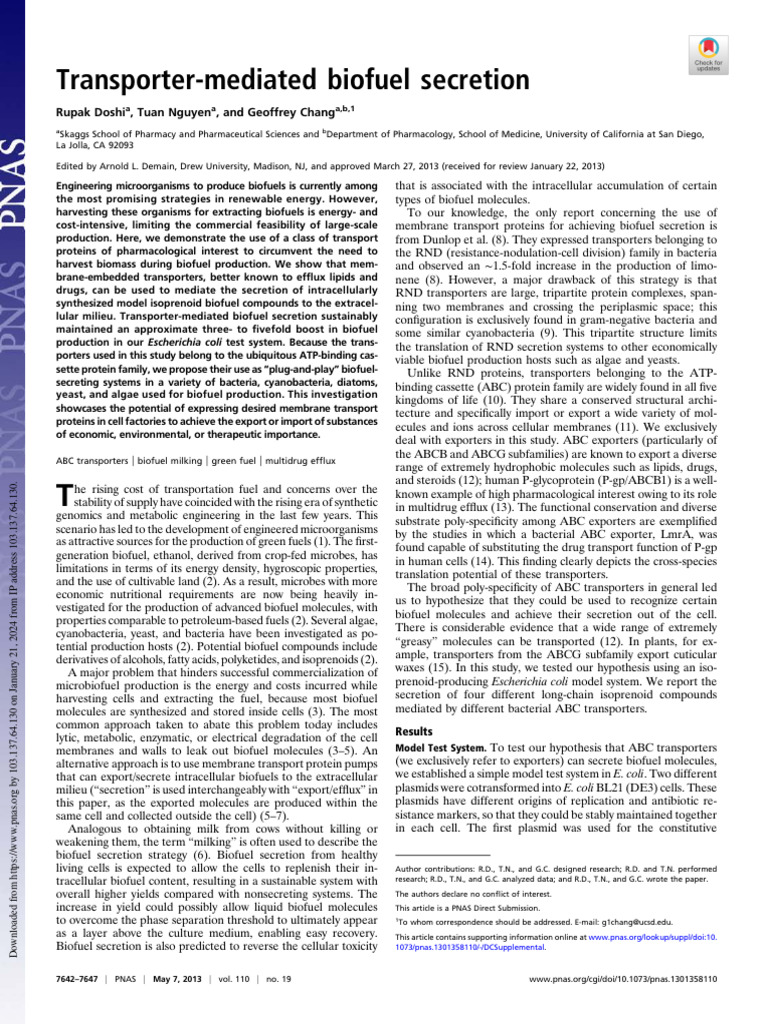 Doshi Et Al 2013 Transporter Mediated Biofuel Secretion | PDF ...