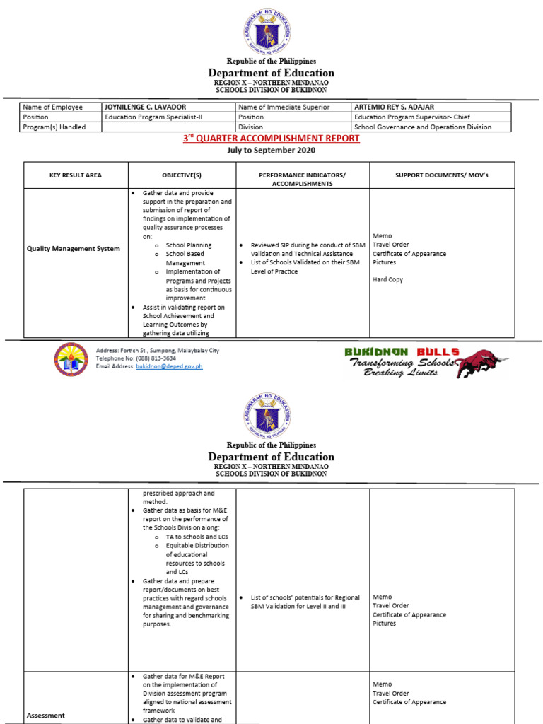 2020 Third Quarter Accomplishment Report | PDF | Educational Assessment ...