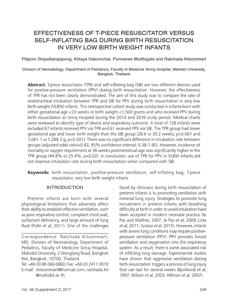 Effectiveness of T-Piece Resuscitator Versus Self-Inflating Bag During ...