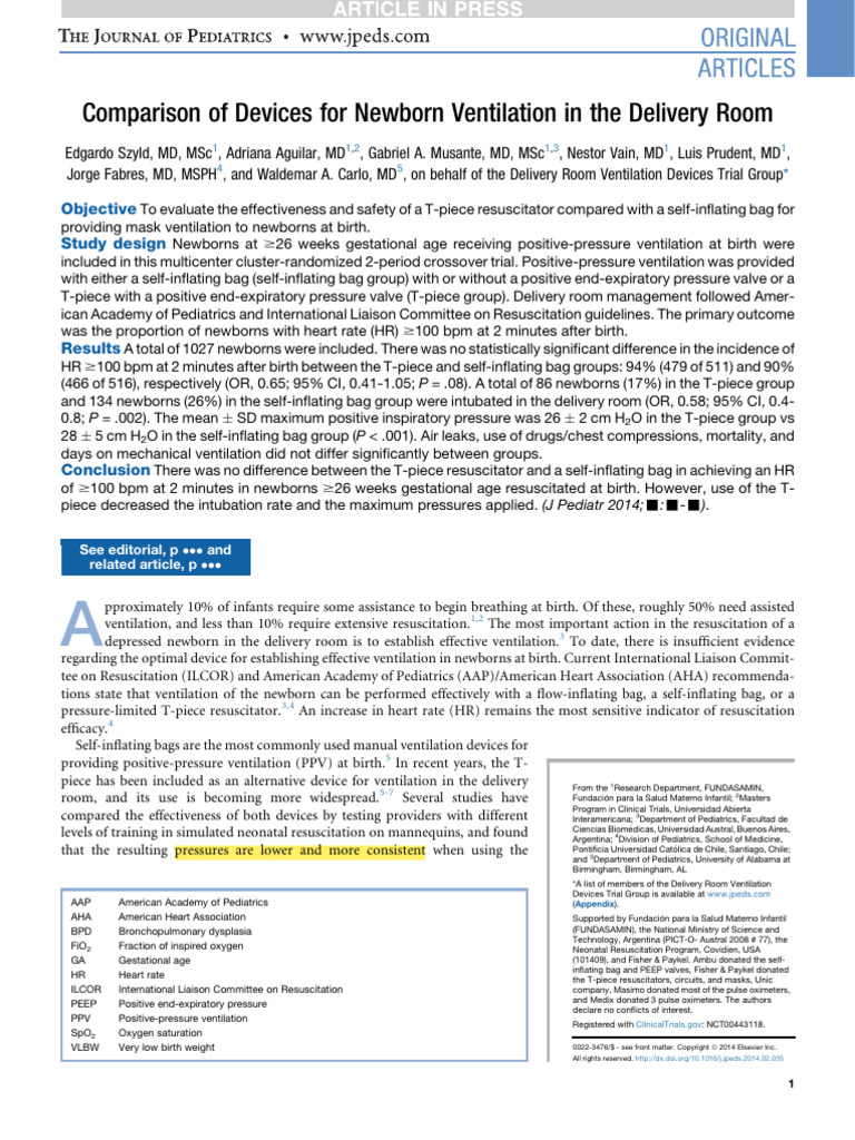 Comparison of Devices For Newborn Ventilation in The Delivery Room ...