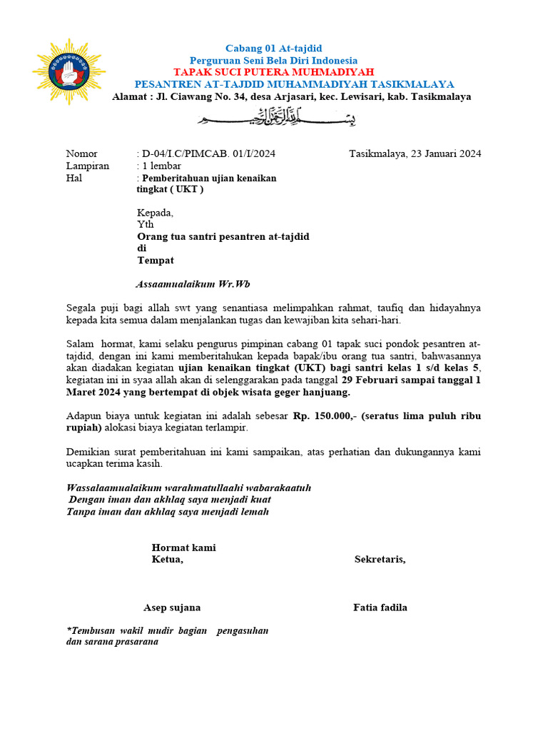 Surat Pemberitahuan UKT Tapak Suci | PDF