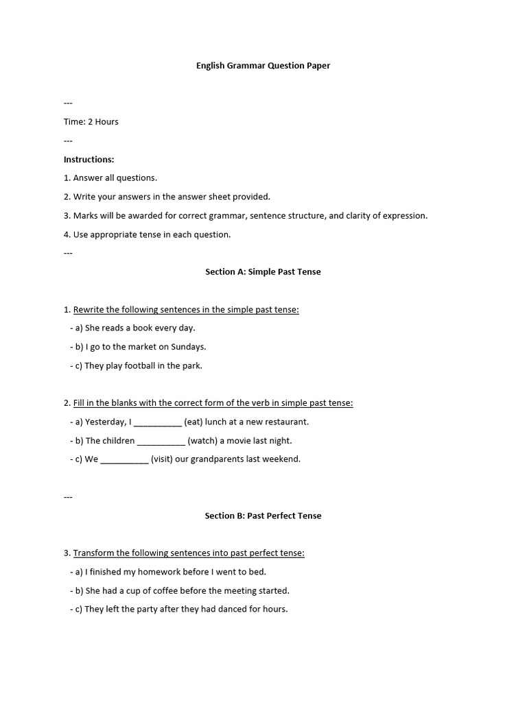 English Grammar Question Paper | PDF | Linguistics | Grammar