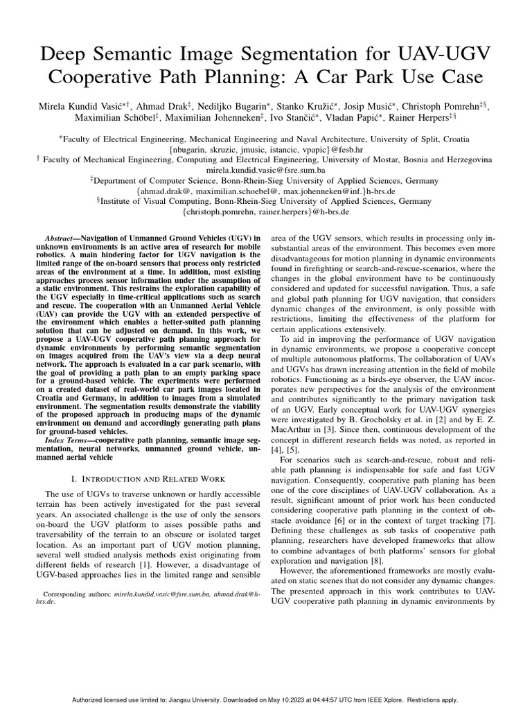Deep Semantic Image Segmentation For Uav Ugv Cooperative Path Planning A Car Park Use Case Pdf