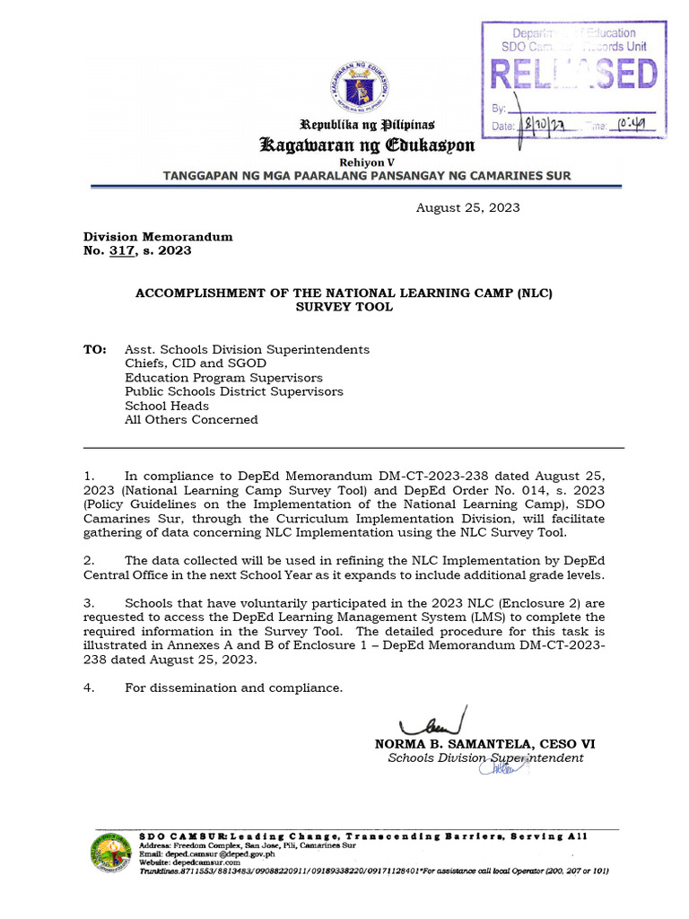 Division Memo No. 317. Accomplishment of 2023 NLC Survey Tool | PDF