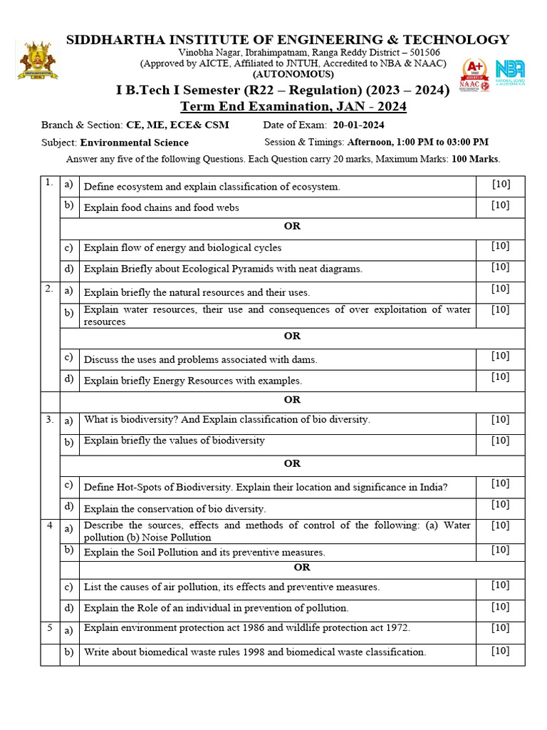 ENVIRONMENTAL SCIENCE QUESTION PAPER (With BloomsTx) For Mid Term Exams ...
