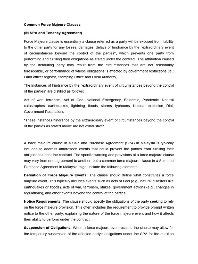 Common Force Majeure Clauses | PDF | Leasehold Estate | Law And Economics