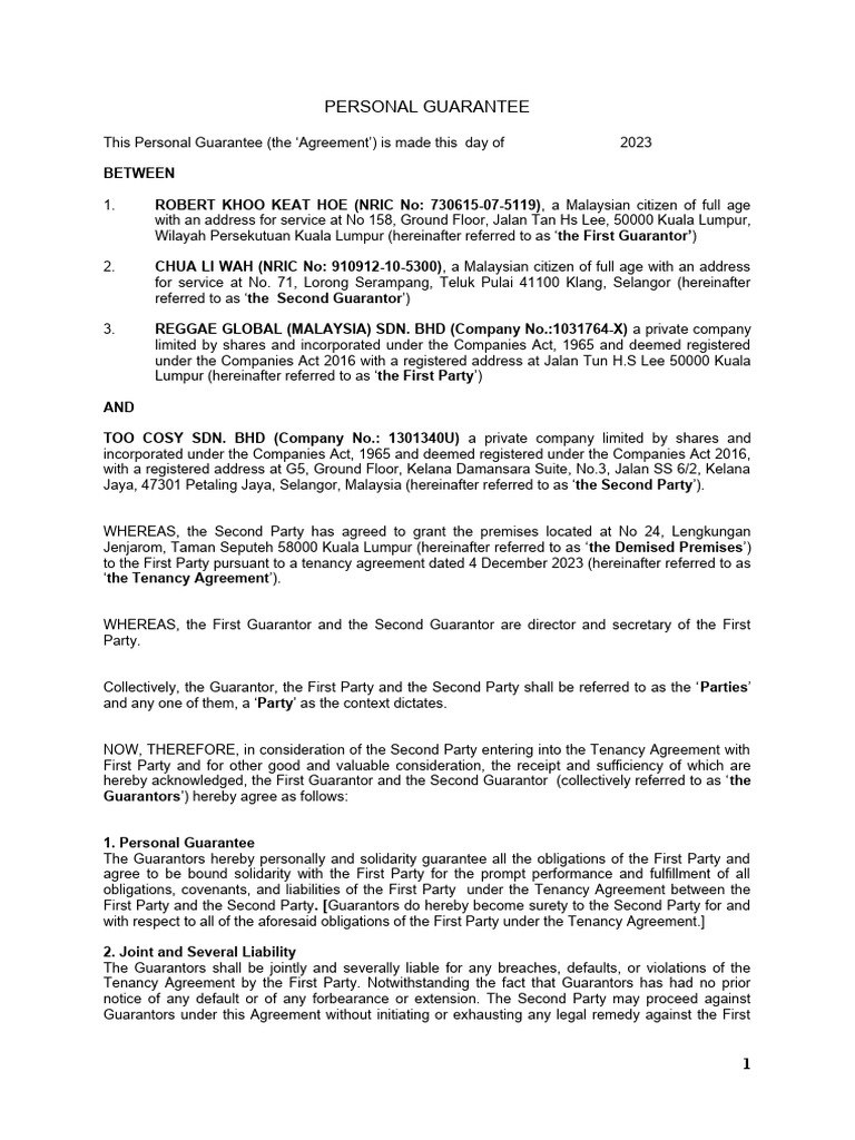 1st Draft Personal Guarantee (Tenancy Agreement) | PDF | Guarantee | Surety