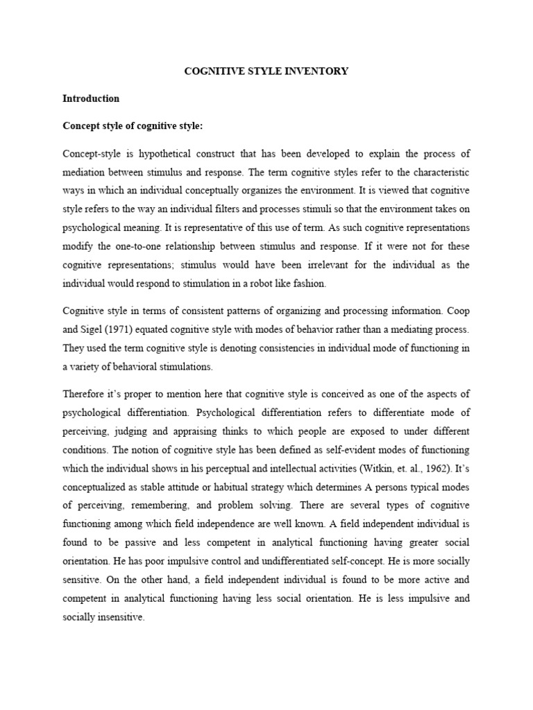 Expt 2 - Cognitive Style Inventory - Methodology | PDF | Cognition ...