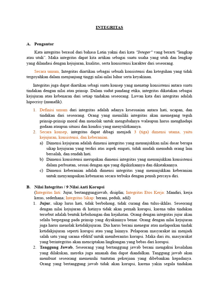 Dimensi dan Nilai Integritas | PDF