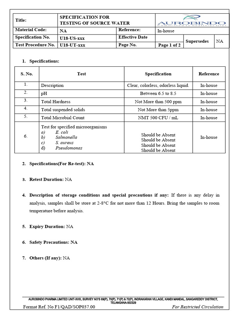 Source Water Specification | PDF | Colony Forming Unit | Materials