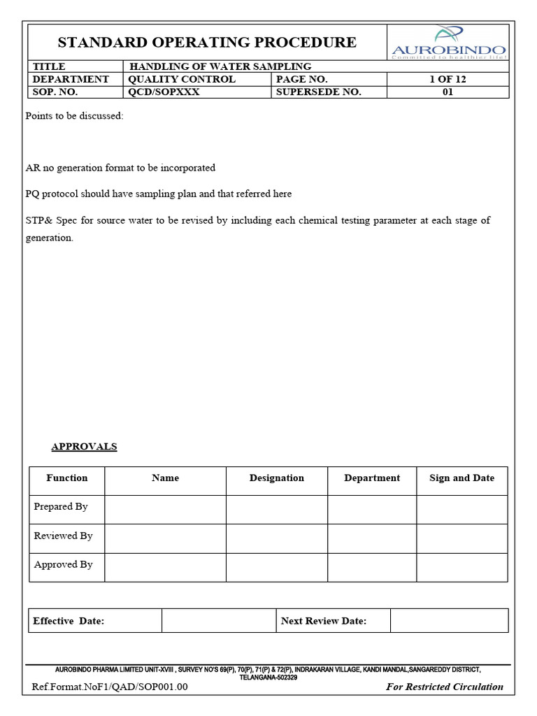 Water Sampling SOP for Pharma Quality Control | PDF | Purified Water ...