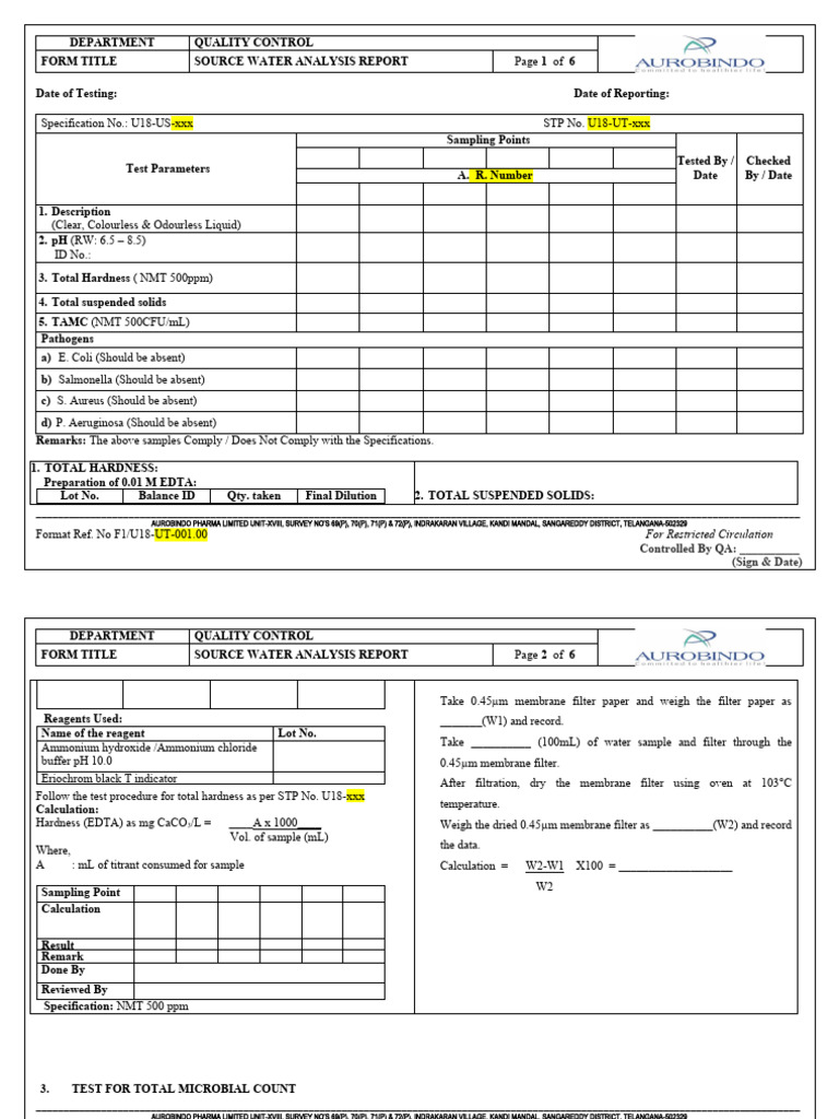 Form No 1 F1 U18-UT-001. 00 Source Wateranalysis Report | PDF