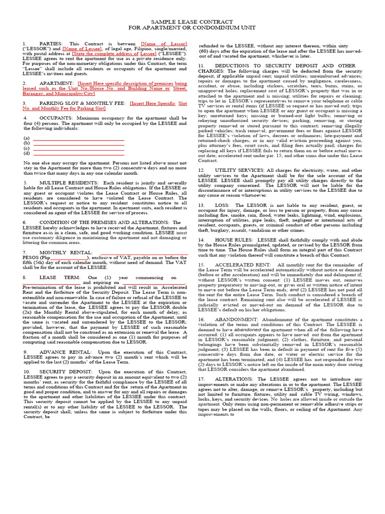Lease Contract For Apartment or Condominum Unit Sample | PDF | Lease ...