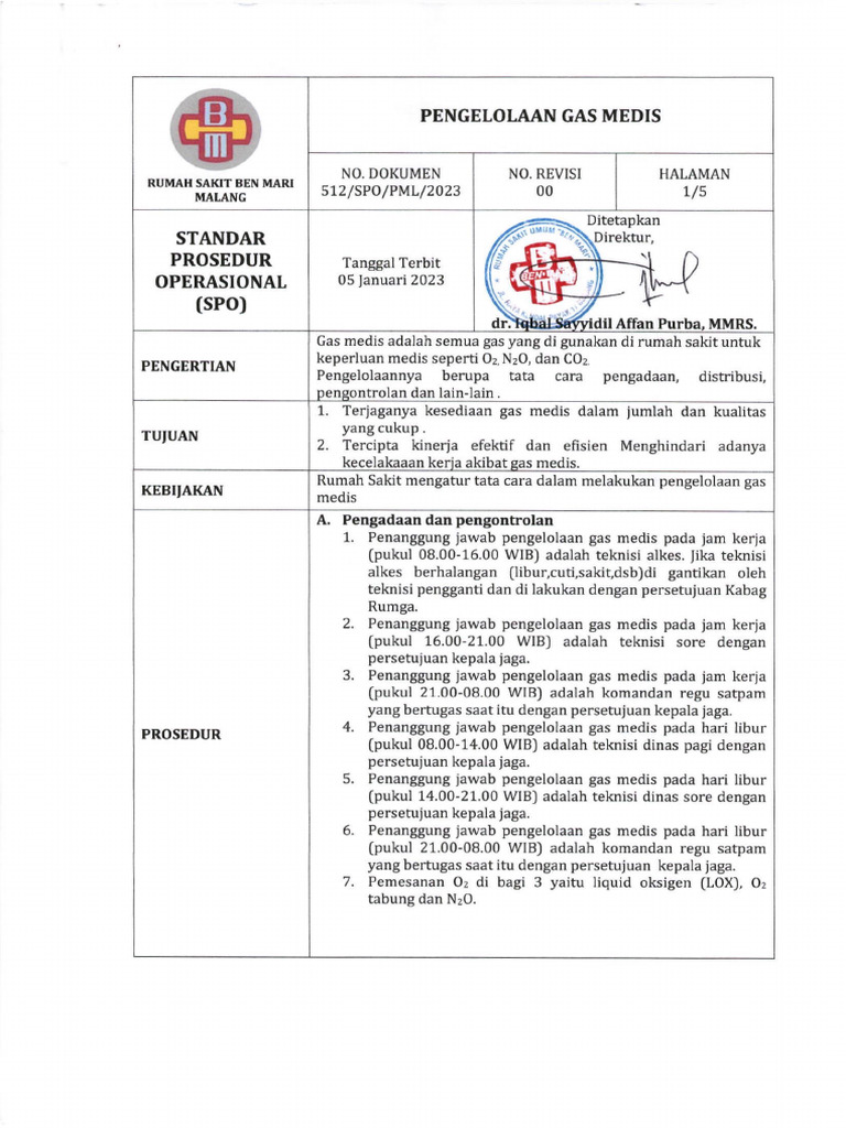 Pengelolaan Gas Medis RS Ben Mari | PDF