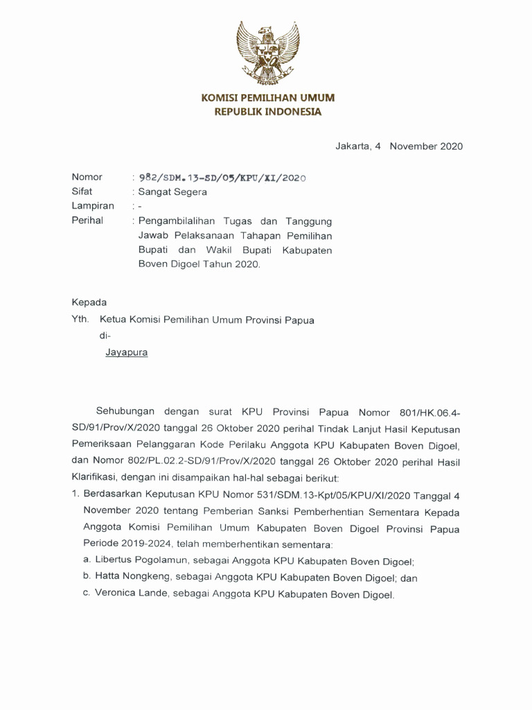 982 Surat Ke KPU Provinsi Papua Terkait KPU Kab Boven Digoel | PDF