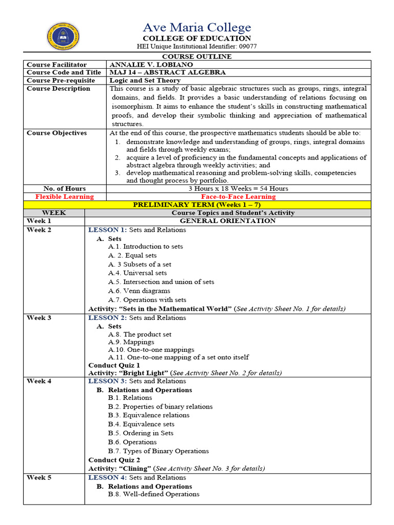 Maj 14 - Course Outline (Lobiano) | PDF | Ring (Mathematics) | Group ...