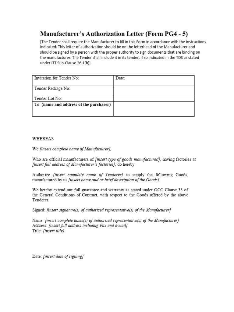 Manufacturer's Authorisation Letter (Form PG4 - 5) SPARES | PDF Manufacturer's Authorisation Letter (Form PG4 - 5) SPARES | PDF
