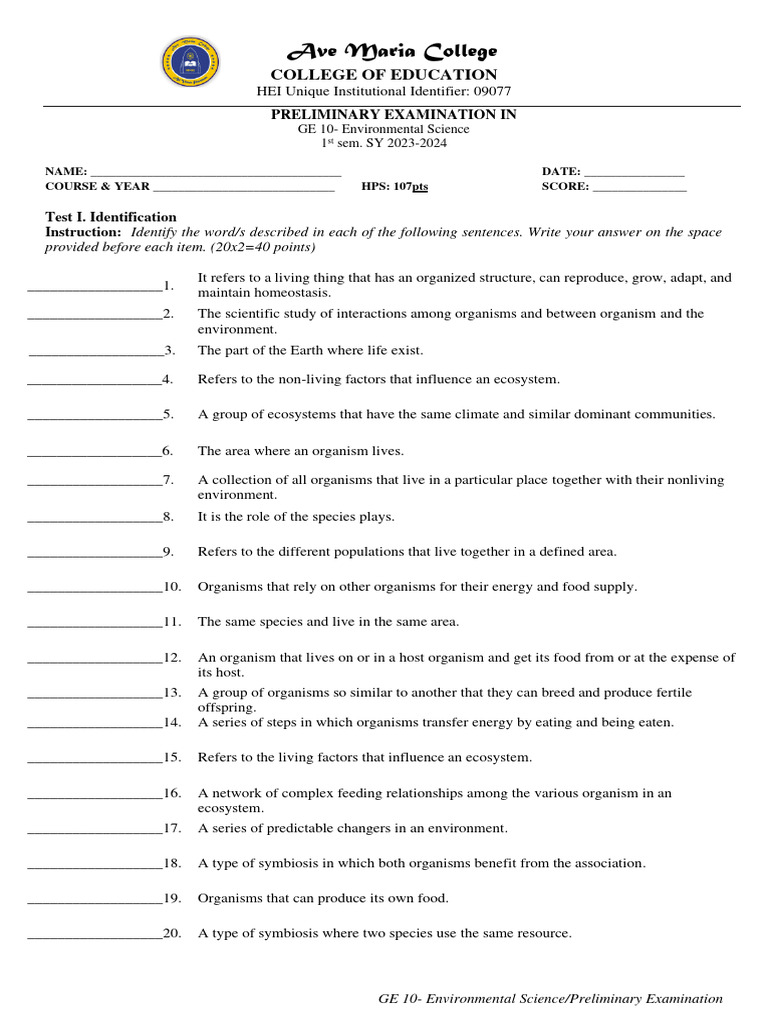 GE 10 E.S. Prelim Test Draft | PDF | Natural Environment | Ecosystem
