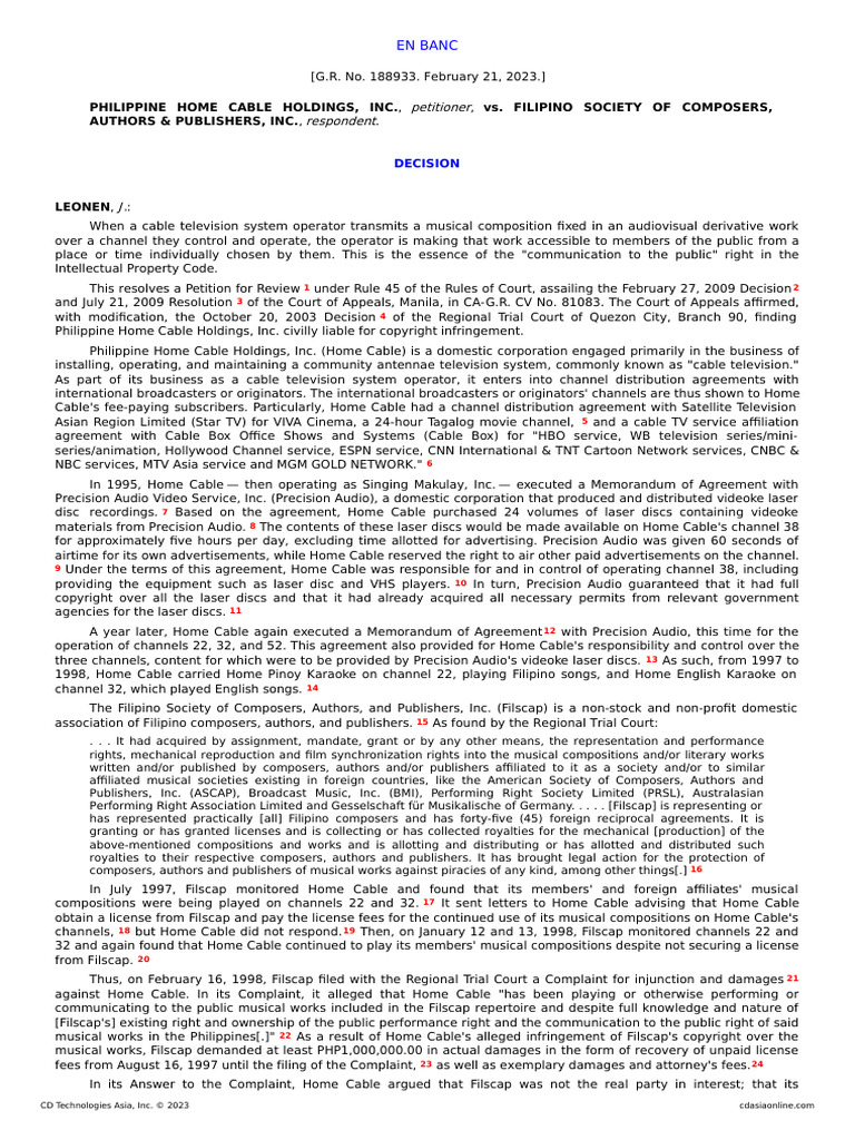 Philippine Home Cable V Filscap Pdf Copyright Copyright Infringement