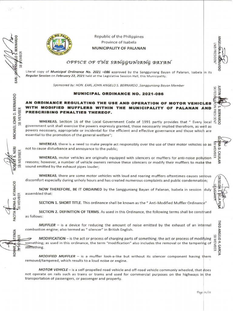 Municipal Ordinance No. 2021 086 Regulating The Use of Mufflers | PDF