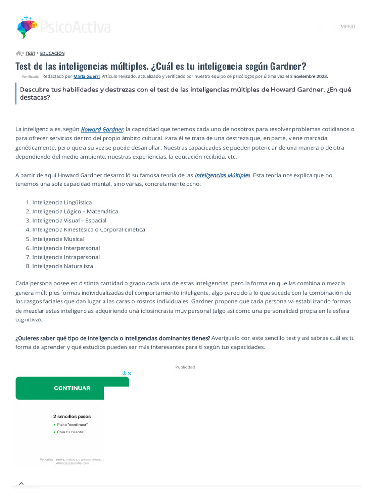 Test de Inteligencias Múltiples de Gardner (GRATIS y ONLINE) | PDF