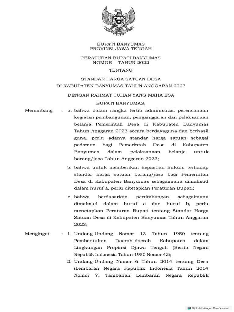 Perbup Standar Harga Satuan Di Desa TA 2023 | PDF