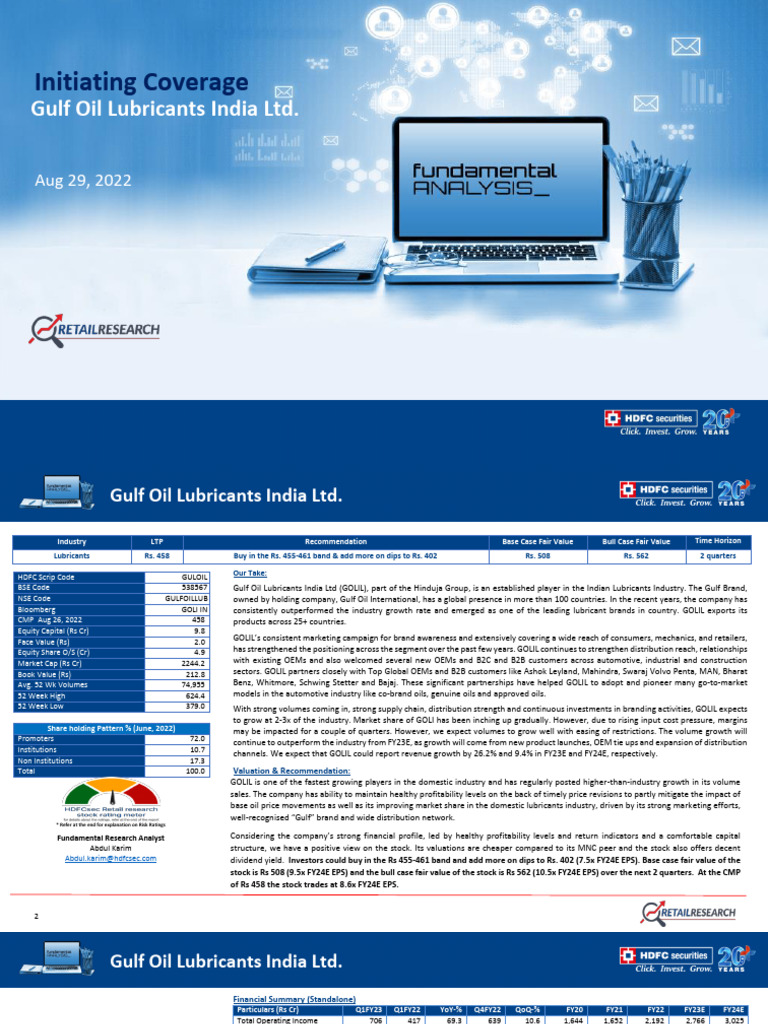 Initiating Coverage - Gulf Oil Lubricants India Ltd. - 290822 | PDF ...
