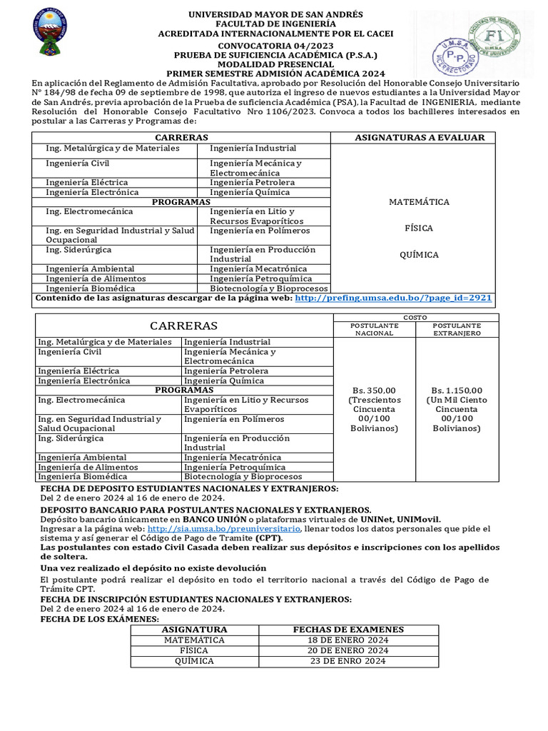 Convocatoria PSA 2024 UMSA Ingeniería | PDF