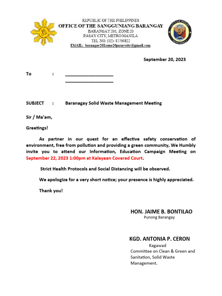 Barangay 201 Solid Waste Meeting Invite | PDF