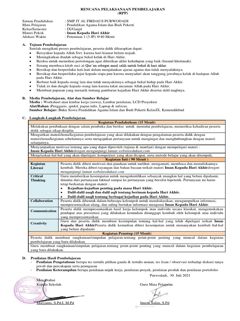 RPP 1 Lembar PAI Kelas 9 k13 | PDF
